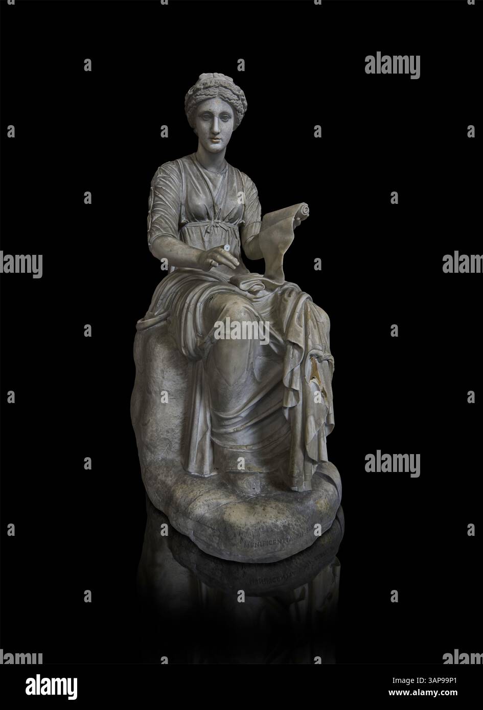 Roman statue of Clio ancient Greek muse, depicted sitting on a rock ...