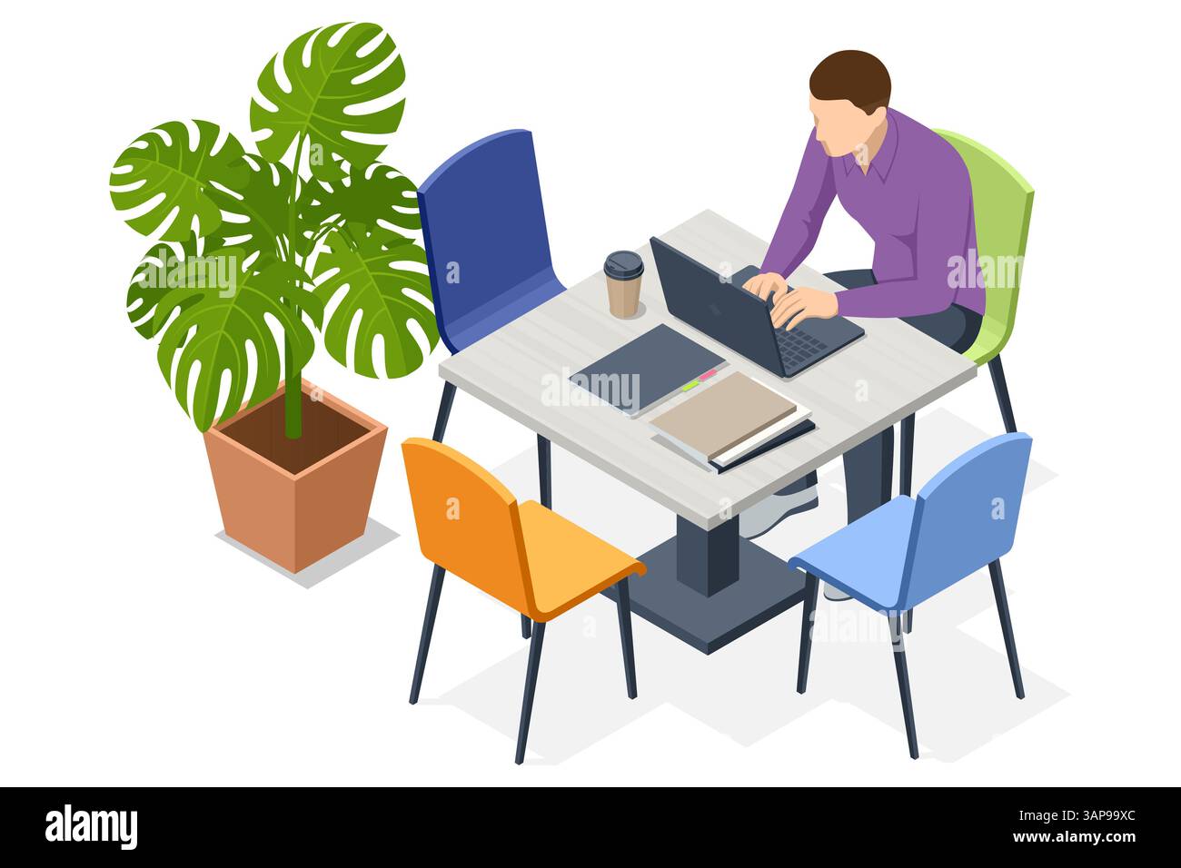 Isometric vector illustration of a man working alone at a coworking ...
