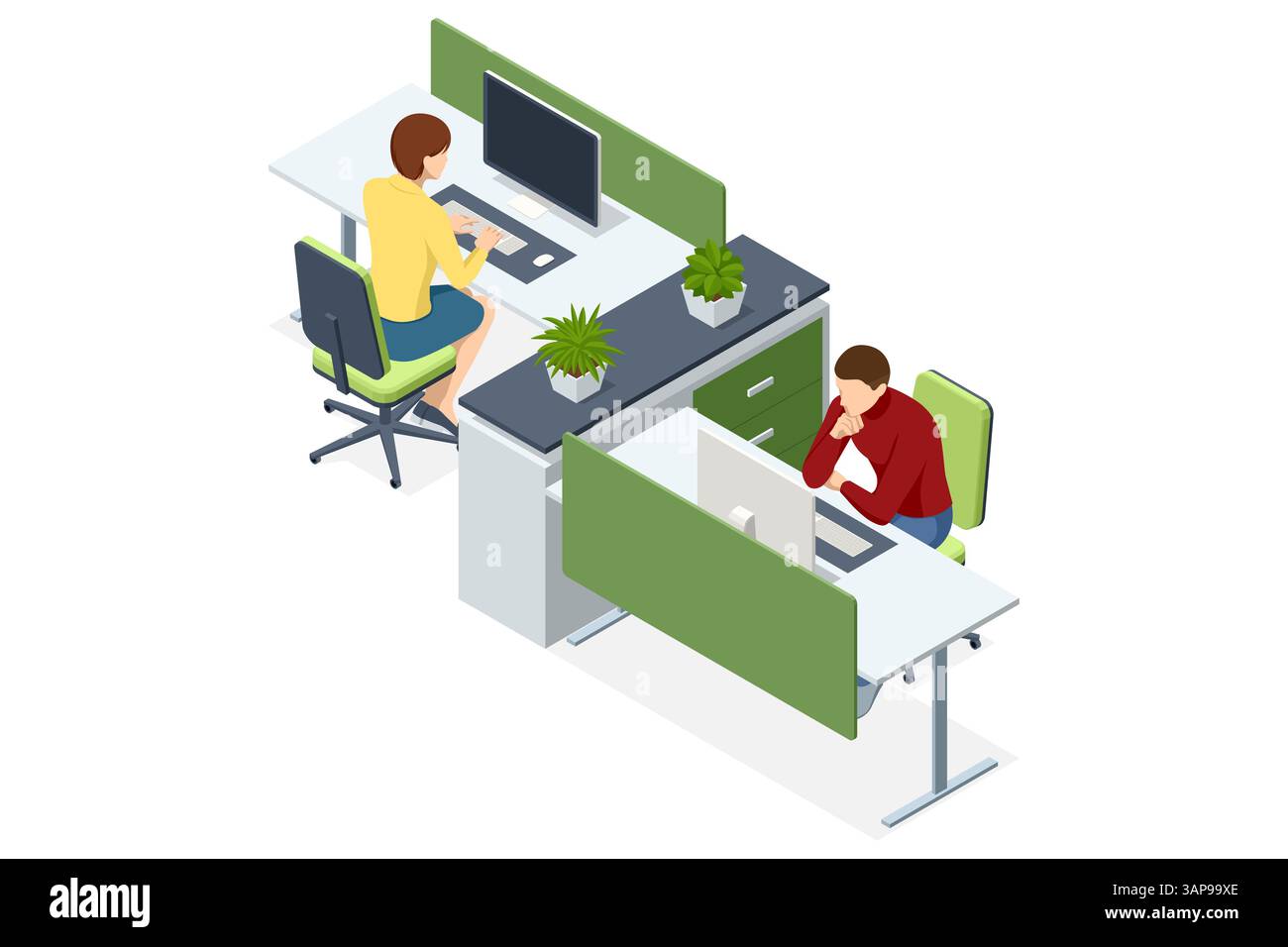 Isometric vector illustration of two coworkers working at a shared desk ...