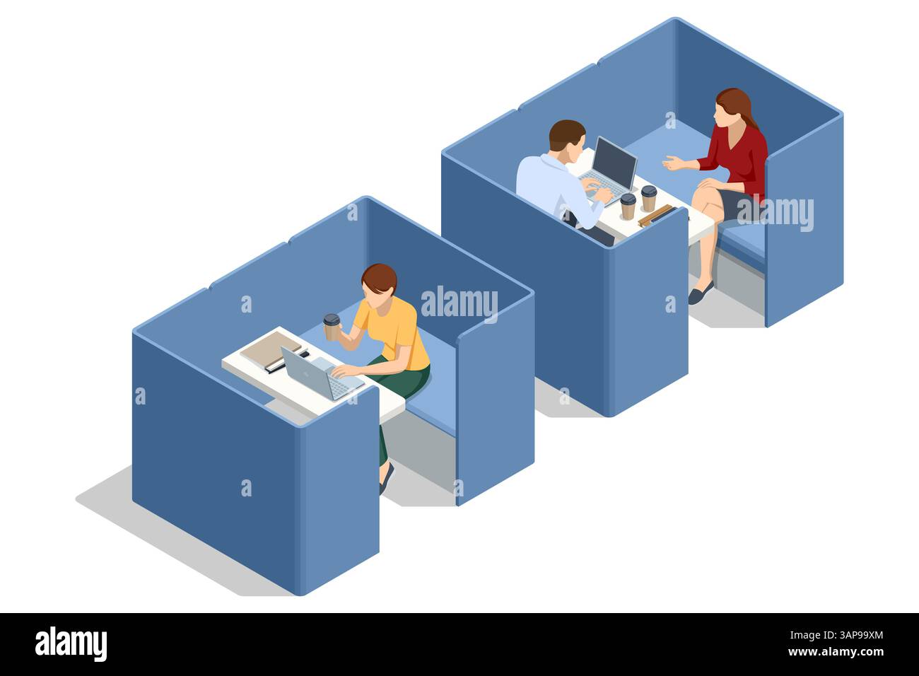 Isometric vector scene of two private coworking booths one with a ...