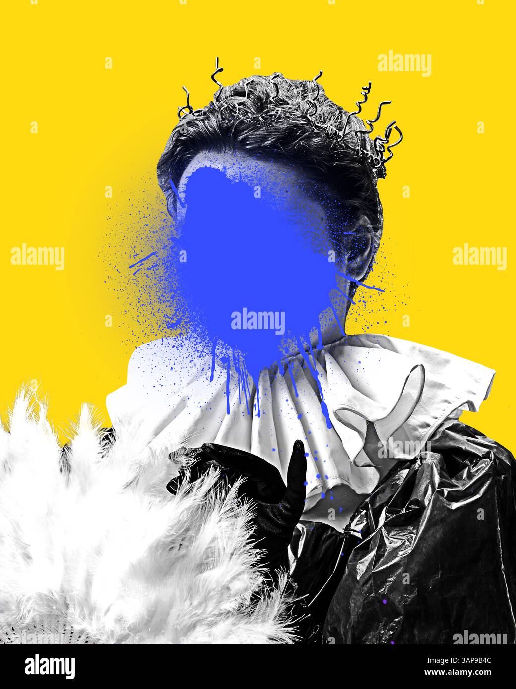 Art collage. Person in costume with gloves and feathers, blue paint ...