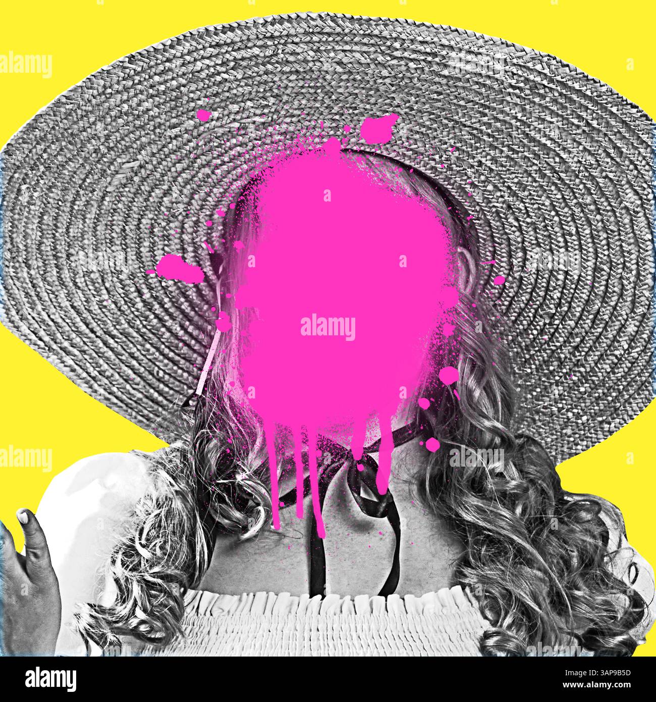 Composite design. Woman in wide hat, pink paint on face showing soft ...