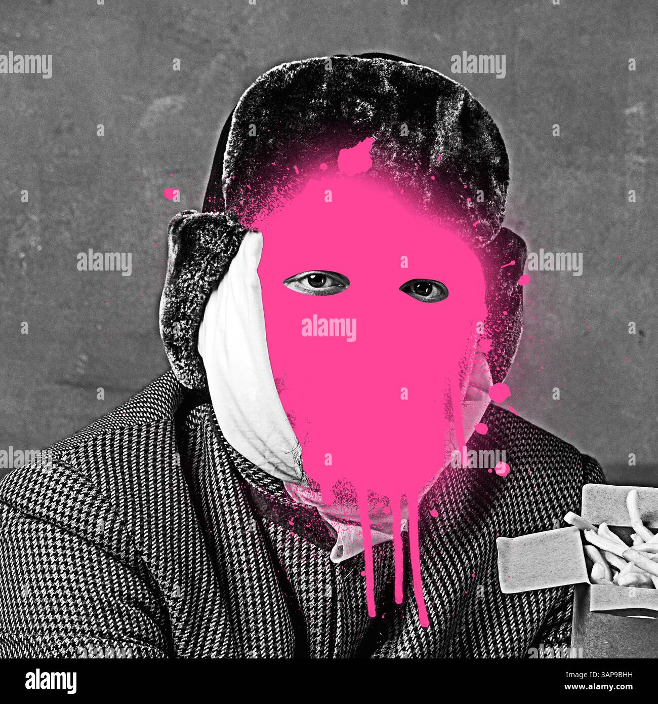 Contemporary artwork. Person in fur hat and mask, pink paint over face ...