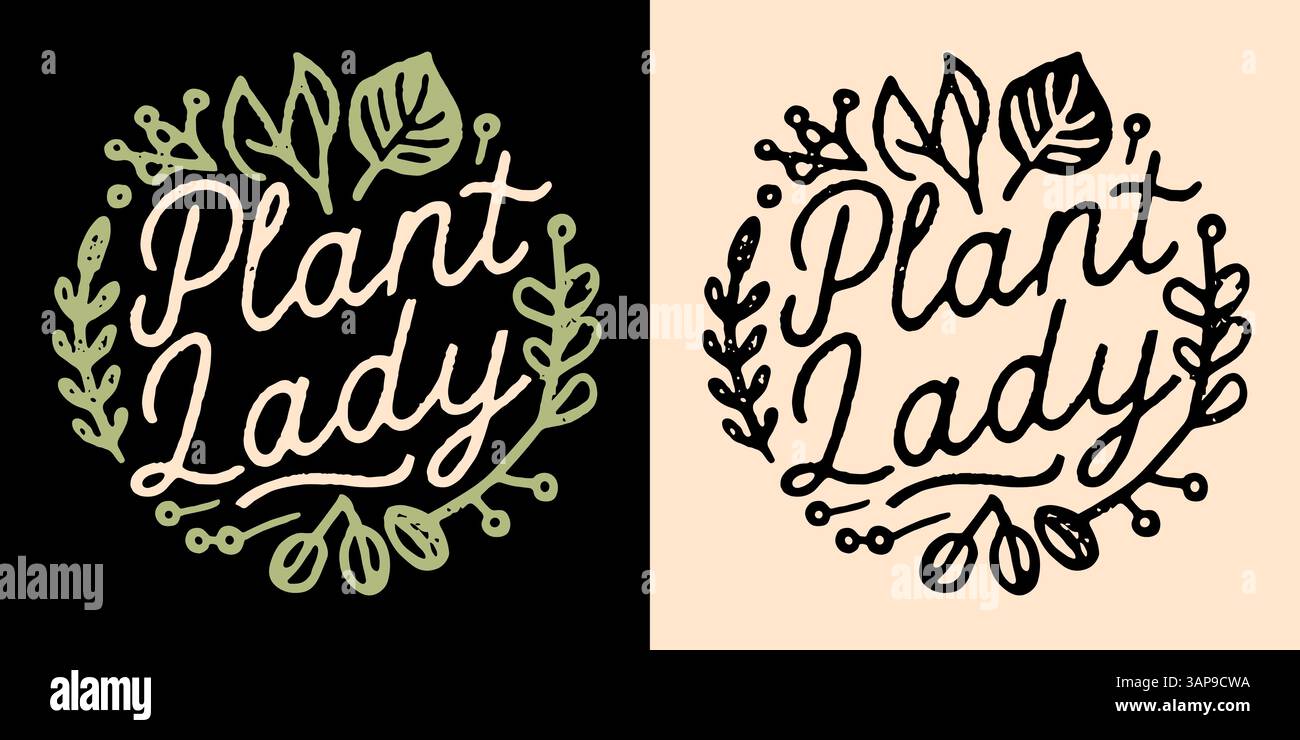 Plant lady lettering round badge sticker logo cute hand drawn plants ...