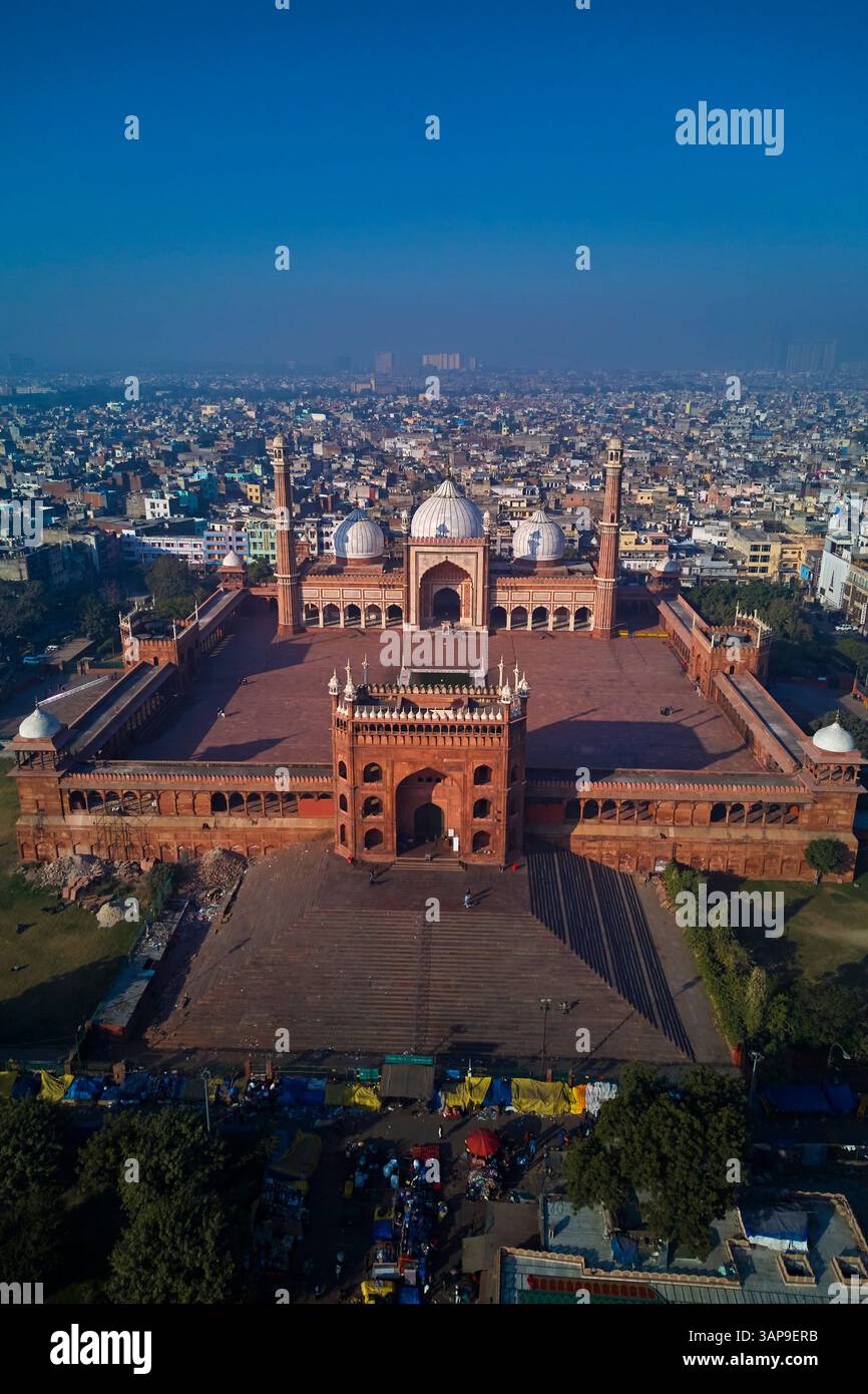 India, Delhi, Old Delhi, aerial view of Jama Masjid mosque, built by ...