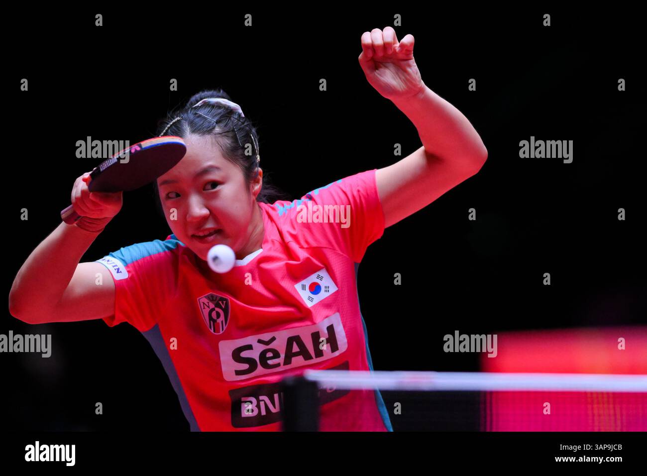 Macao, China. 16th Apr, 2025. Shin Yubin hits a return during the women ...
