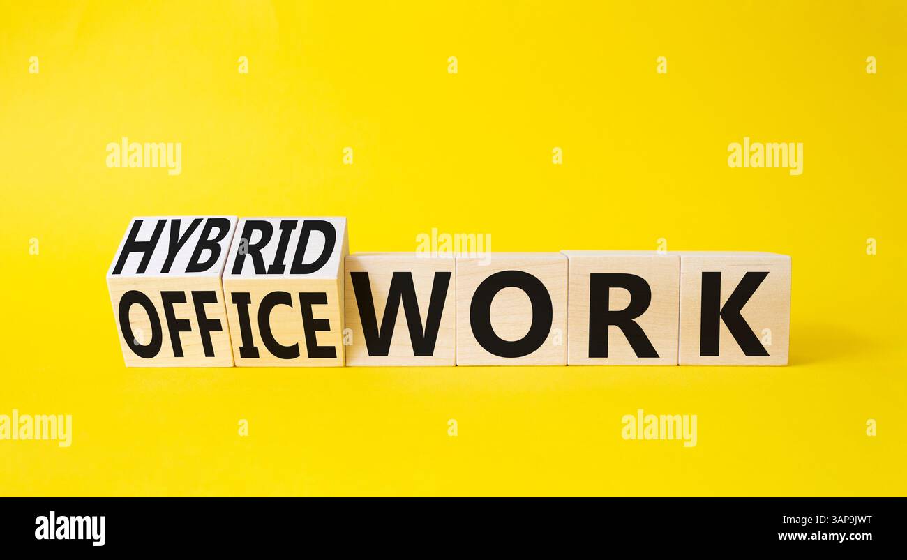 Hybrid work and office work symbol. Turned wooden cubes with words ...