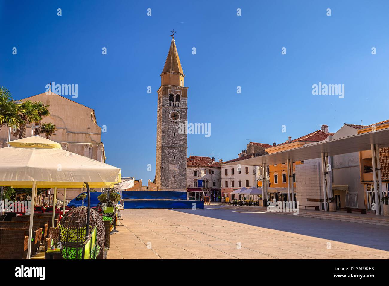 Umag. Scenic view of historic landmarks in town of Umag main square ...