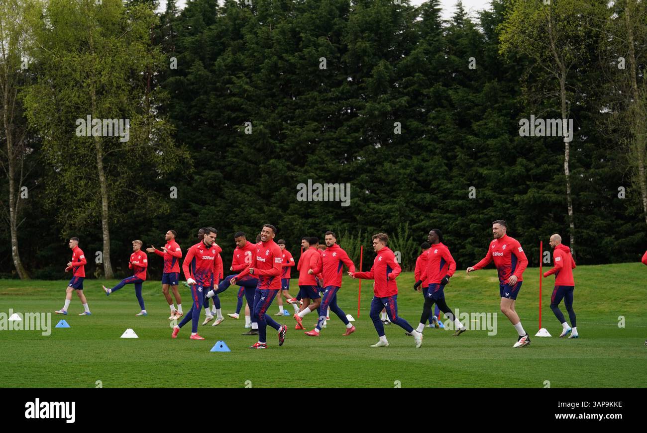 Rangers players warm up during a training session at the Rangers ...
