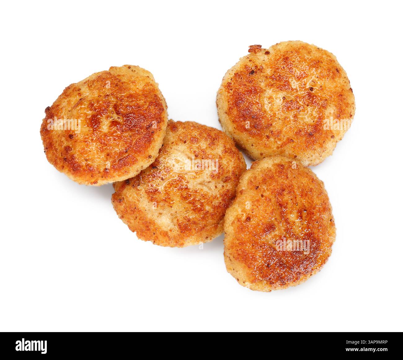 Many delicious roasted patties isolated on white, top view Stock Photo ...