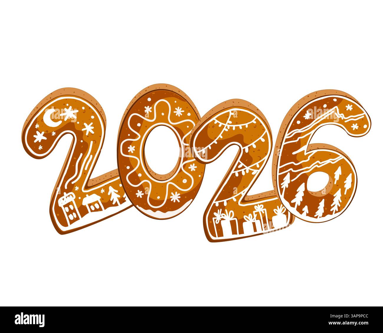 Festive Happy 2026 New Year gingerbread cookies with icing. Isolated ...