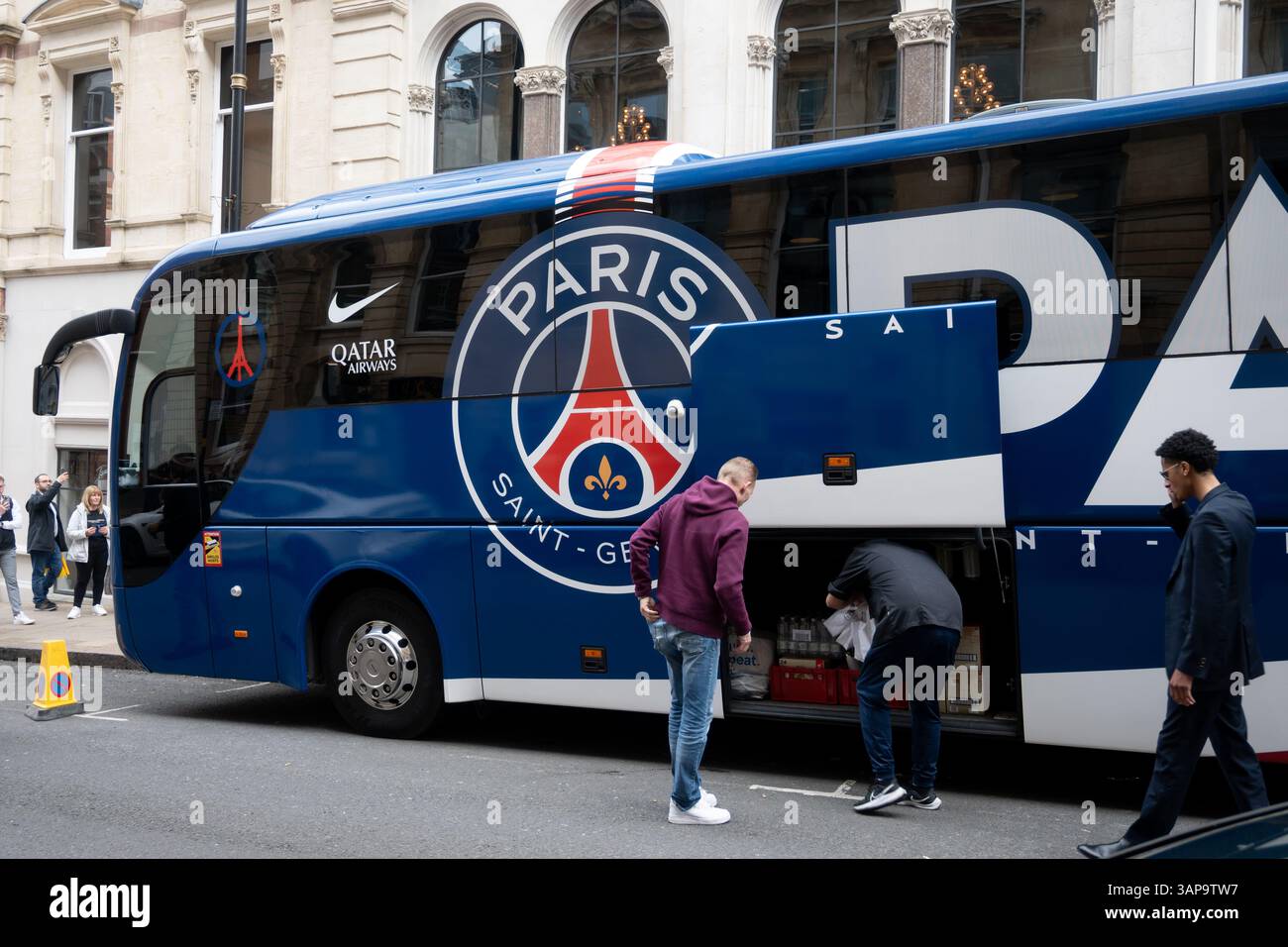 Paris Saint Germain team coach outside the Grand Hotel, Birmingham, UK ...