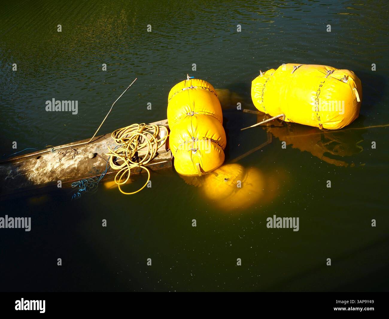 Inflatable marine air lift bags or balloons used to float sunken boat ...