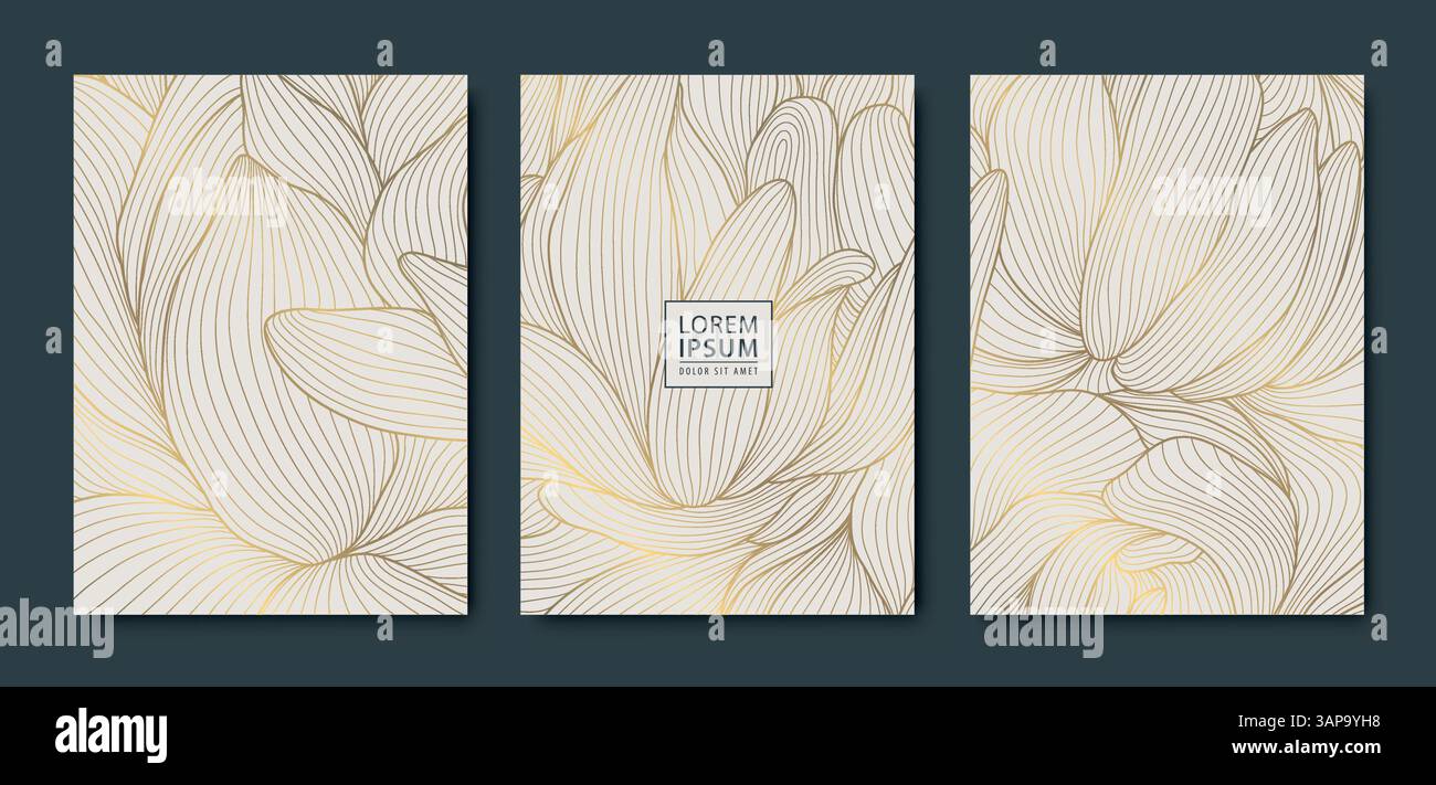 Vector set of floral gold line wavy covers, japanese luxury leaves and ...