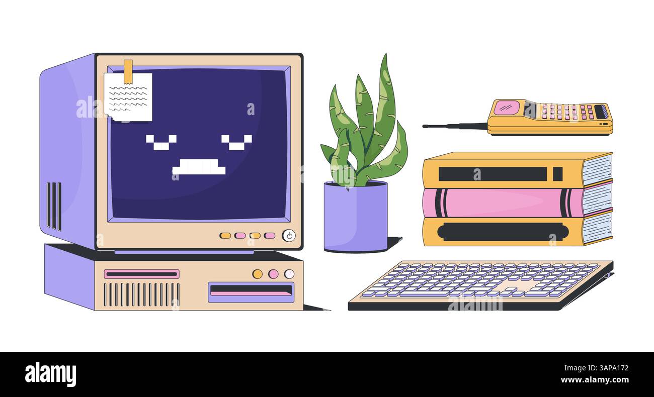 Retro computer keyboard with books, plant and phone 2D cartoon objects ...