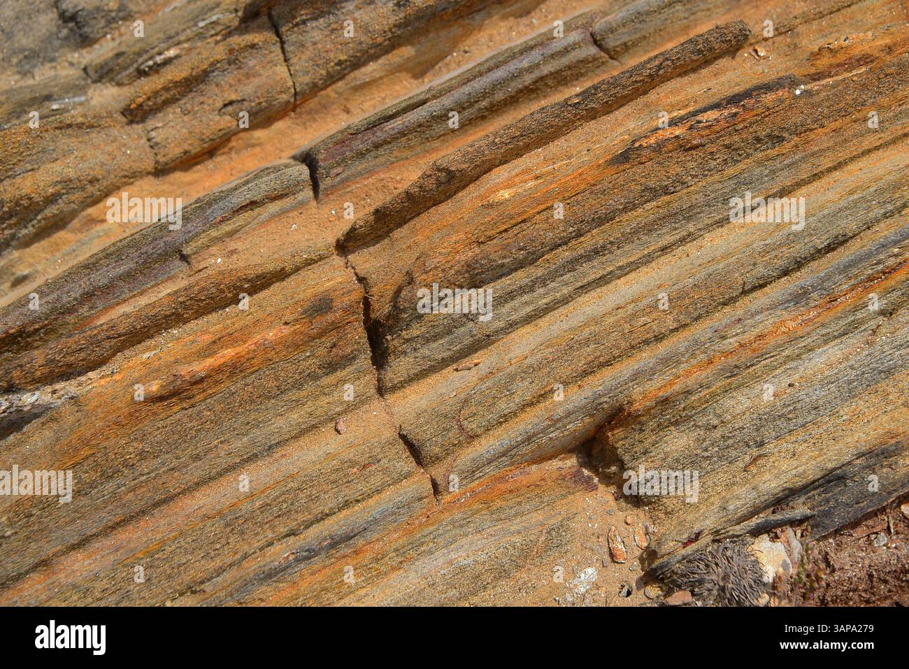 Sedimentary rocks stratified between layers of sandstone and oblique ...