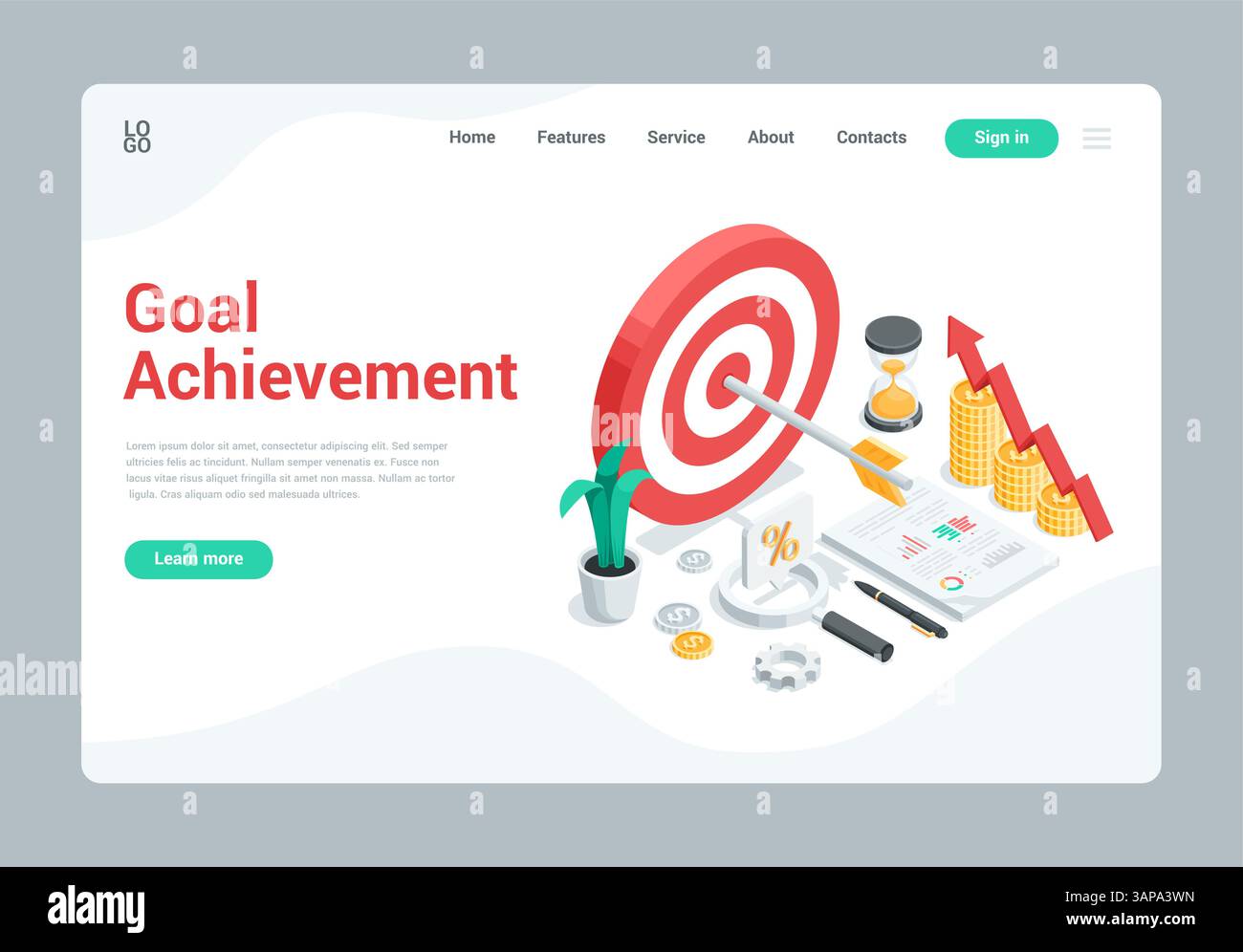 isometric vector landing, target with an arrow in the center and a ...