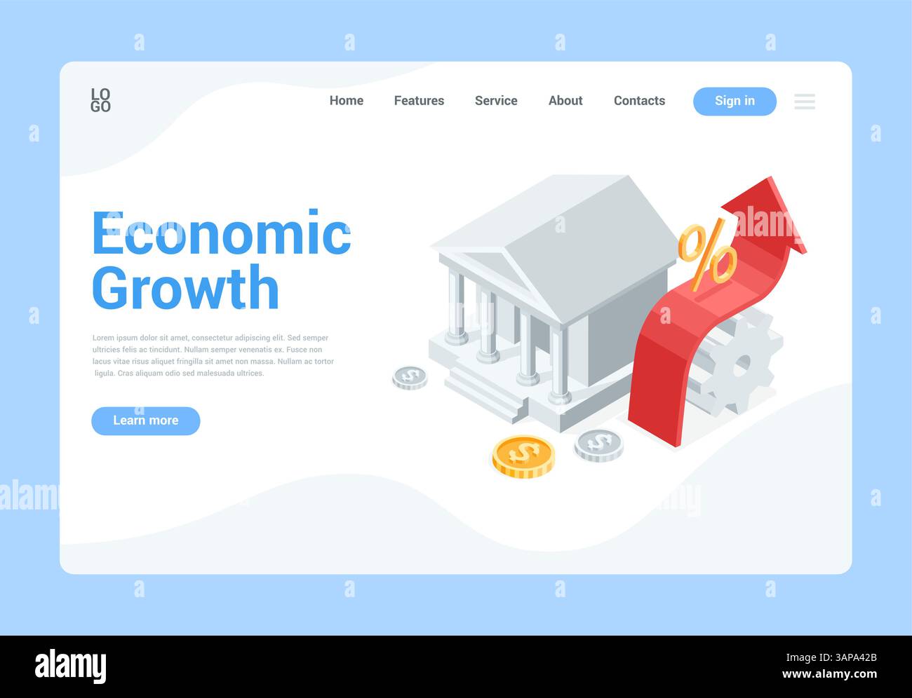 isometric vector landing, bank and up arrow with gears and coins, in ...
