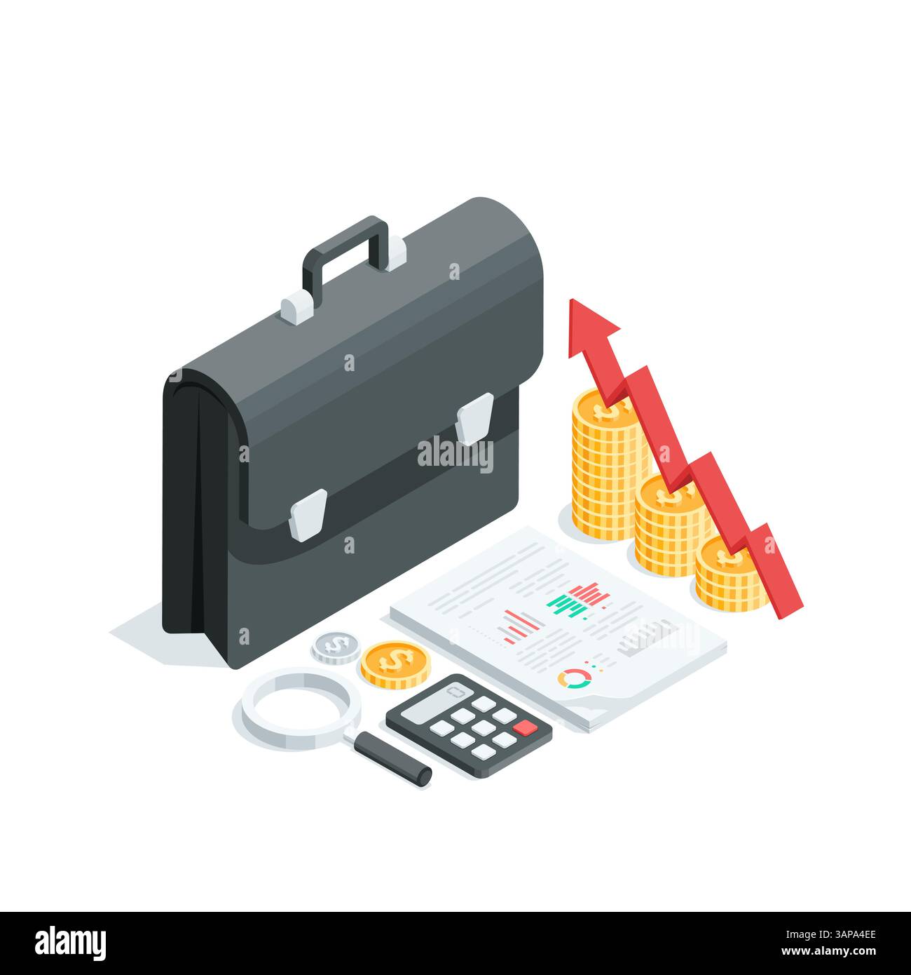 isometric vector portfolio and chart from coins with an arrow up and ...