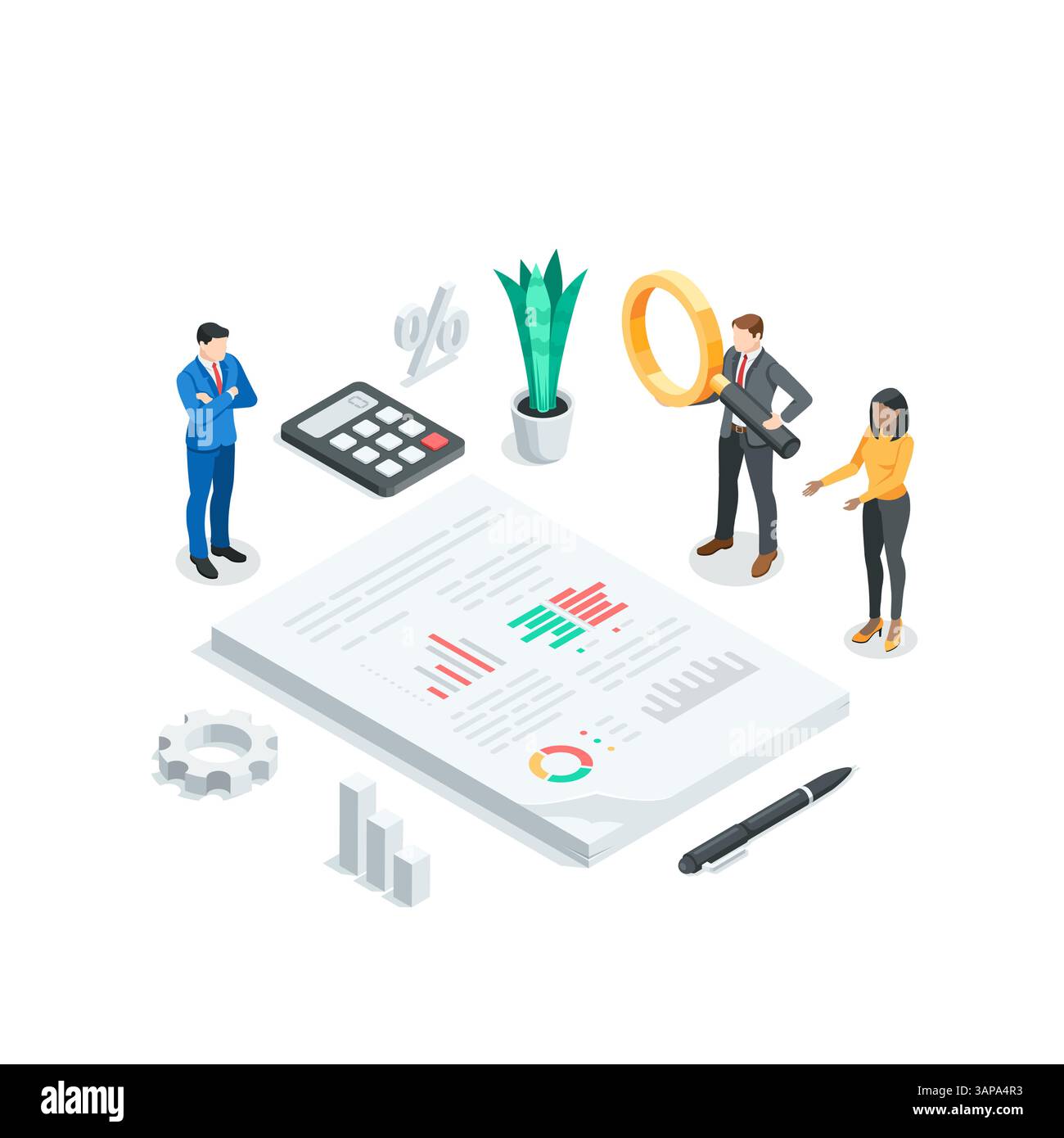 isometric vector business people analyzing a charts on a paper sheet ...