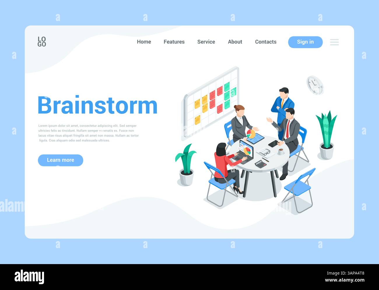 isometric vector landing business people at round table in the office ...