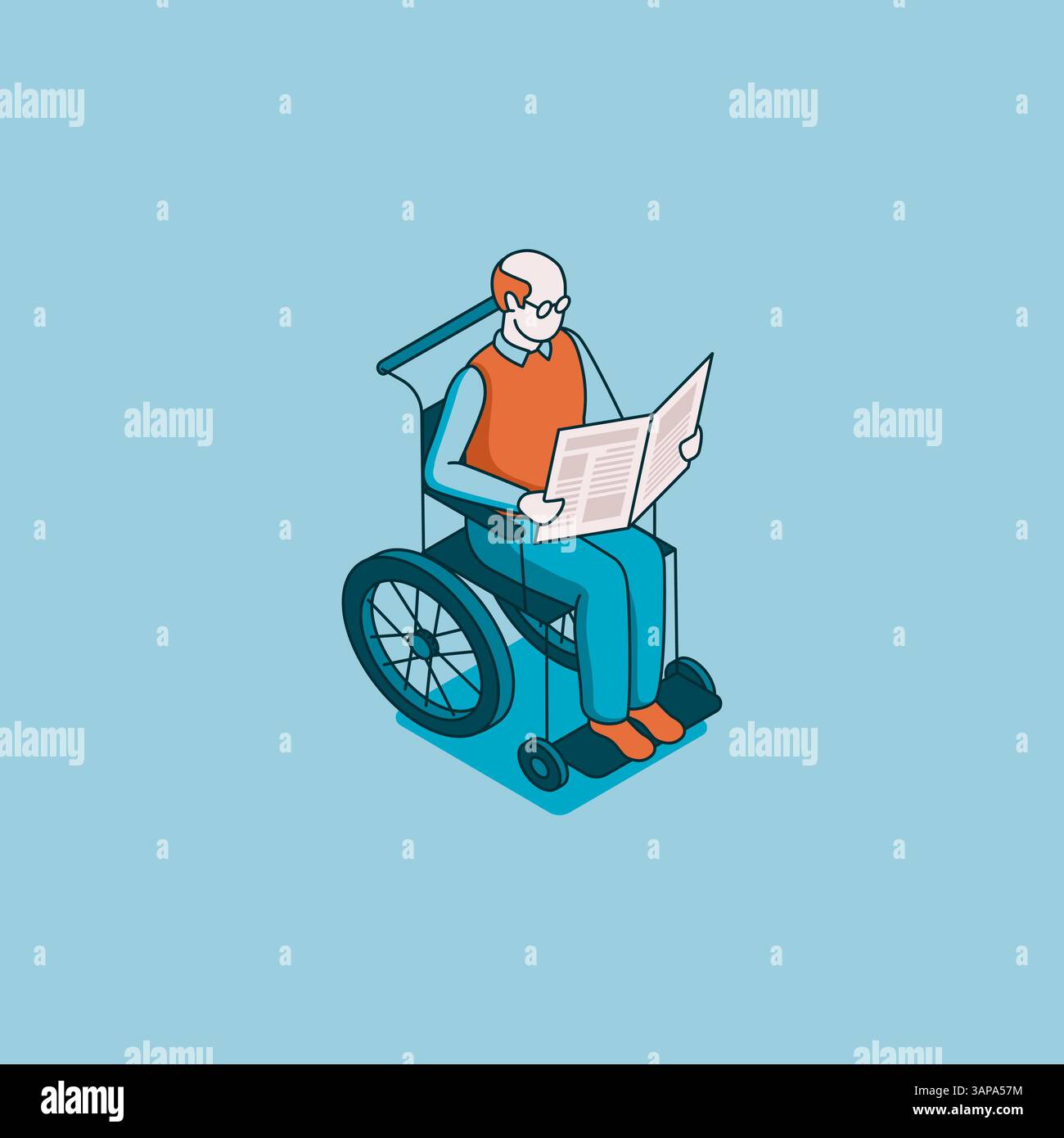 isometric vector old man in a wheelchair reading a newspaper, in color ...
