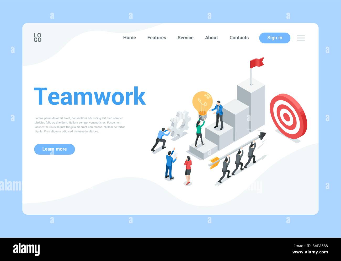 isometric vector landing, business men and women near big chart, in color on blue background ...