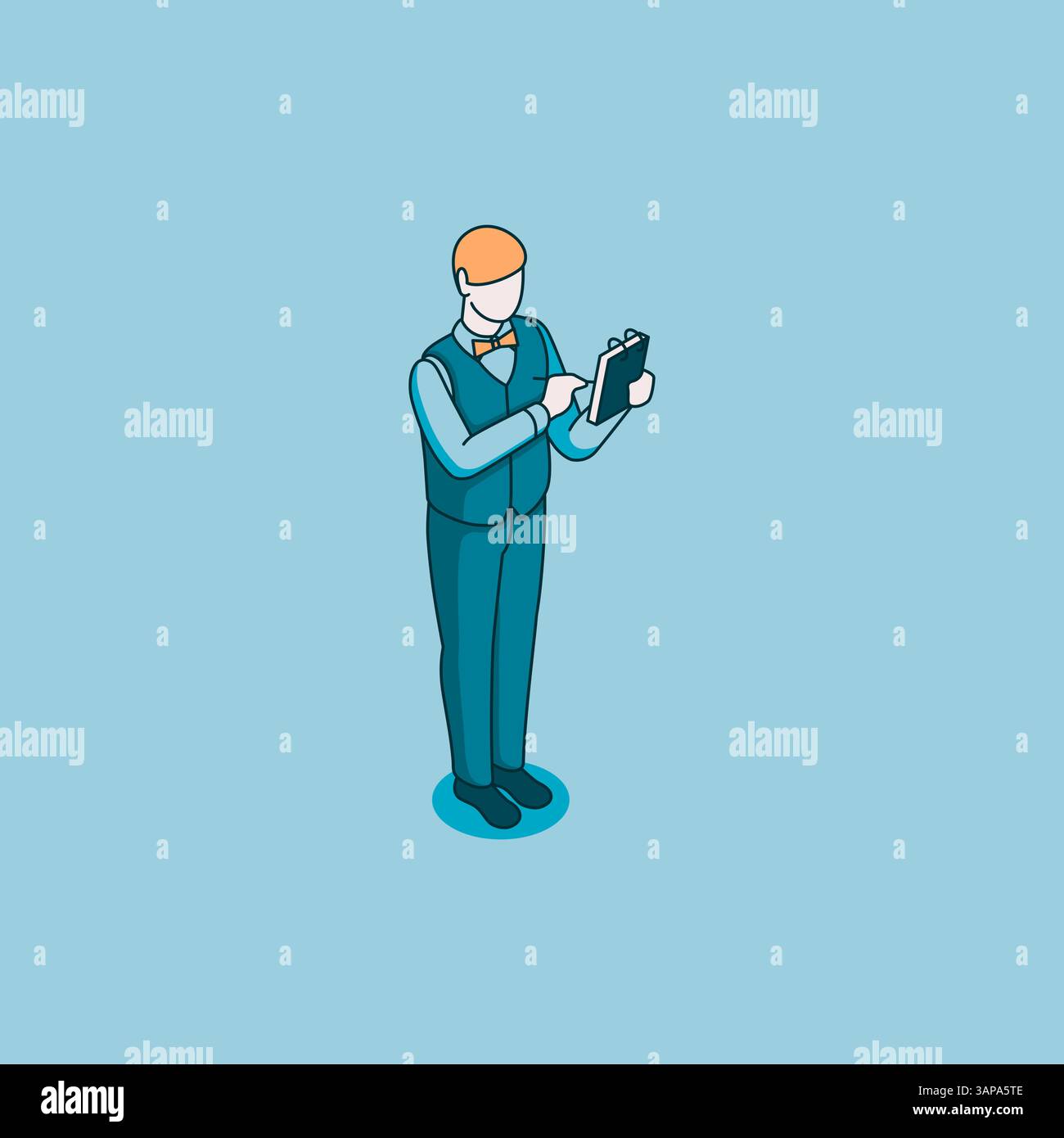 isometric vector male waiter with notepad and pen linear icon, in color ...