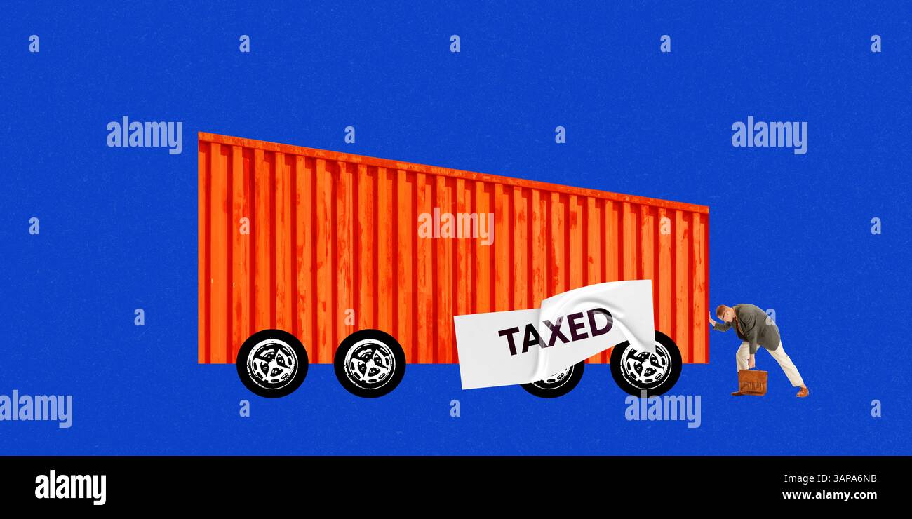 Businessman struggles to push overloaded container labeled taxed ...