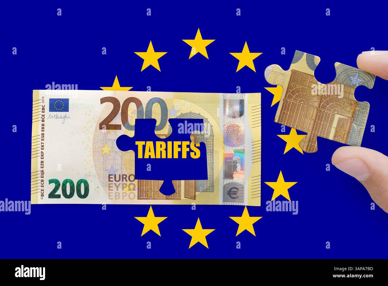 200 euro note isolated on a EU flag with word TARIFFS. Economic, duty ...
