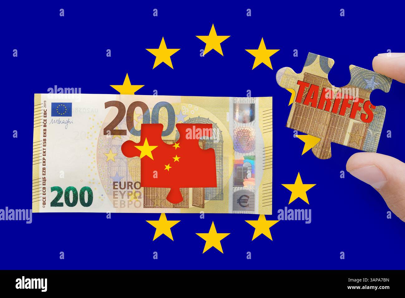 200 euro note isolated on a EU flag with word TARIFFS and China flag ...