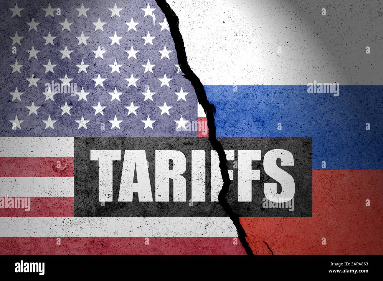 USA and Russia flags painted on the concrete wall with word TARIFFS ...