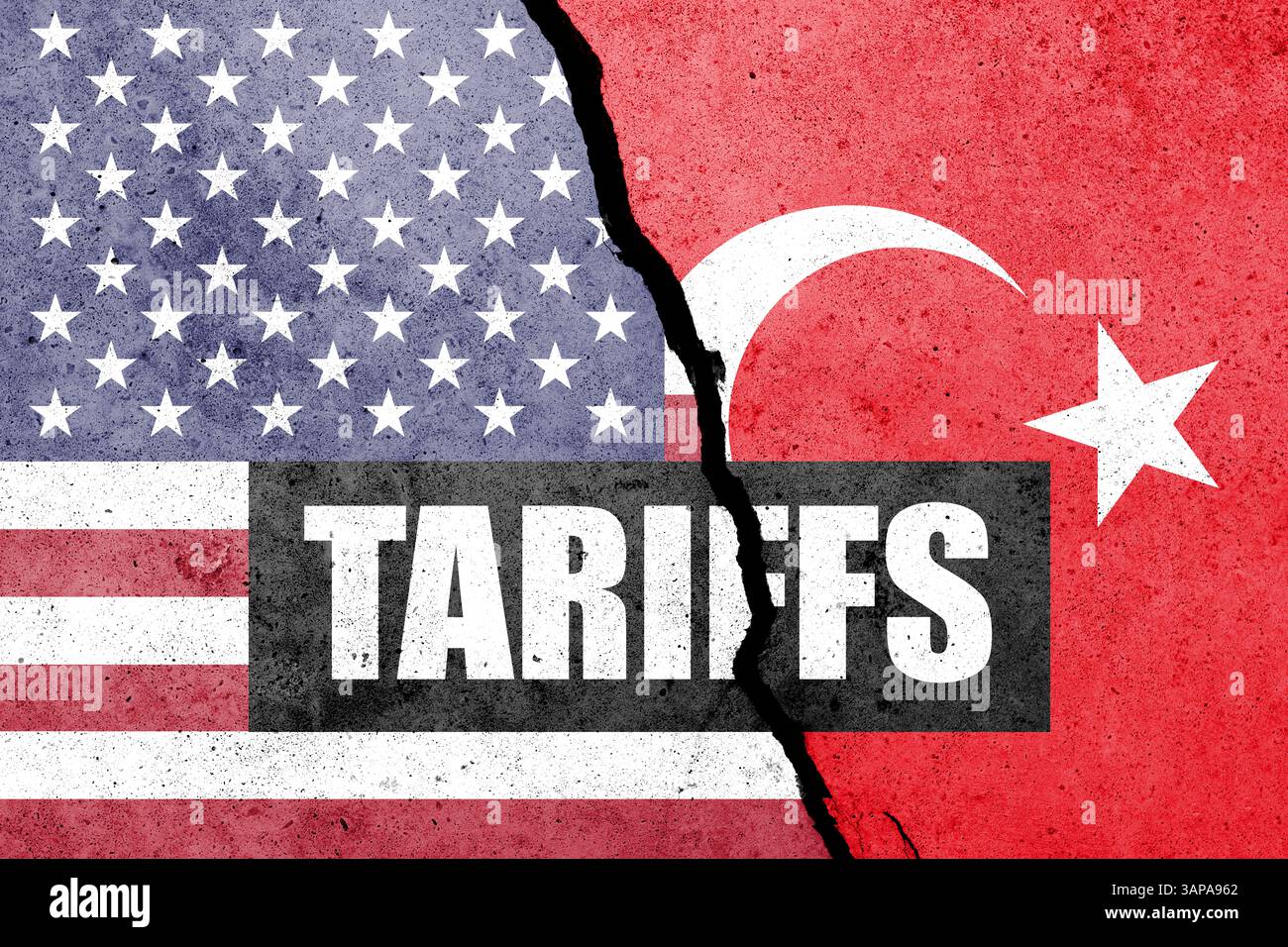 USA and Turkey flags painted on the concrete wall with word TARIFFS ...