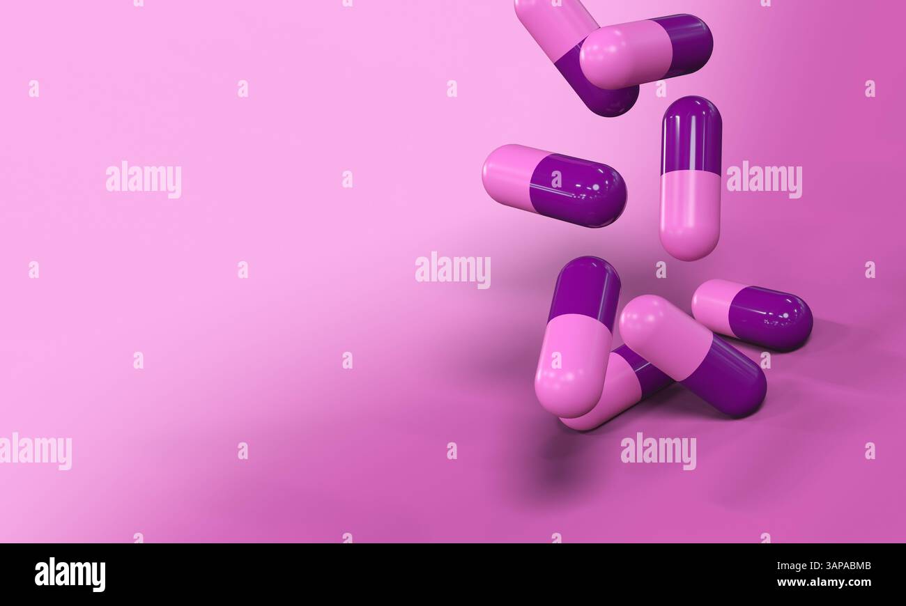pink and purple capsules on a pink background - medicine - 3D rendering ...