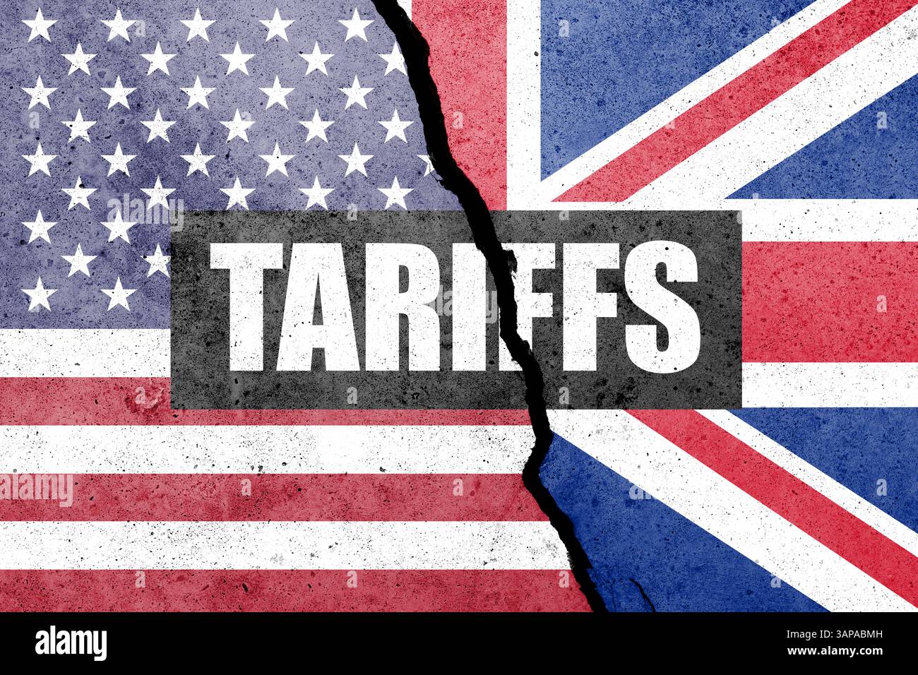 USA and UK flags painted on the concrete wall with word TARIFFS. Duty ...