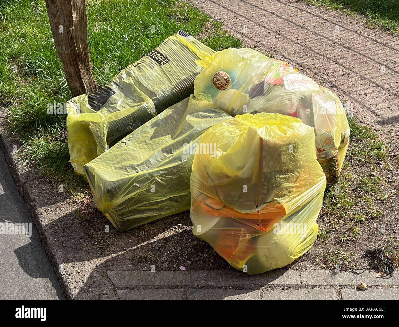 Gelbe Saecke mit gesondert gesammelten Muell aus Kunststoff, Metall ...