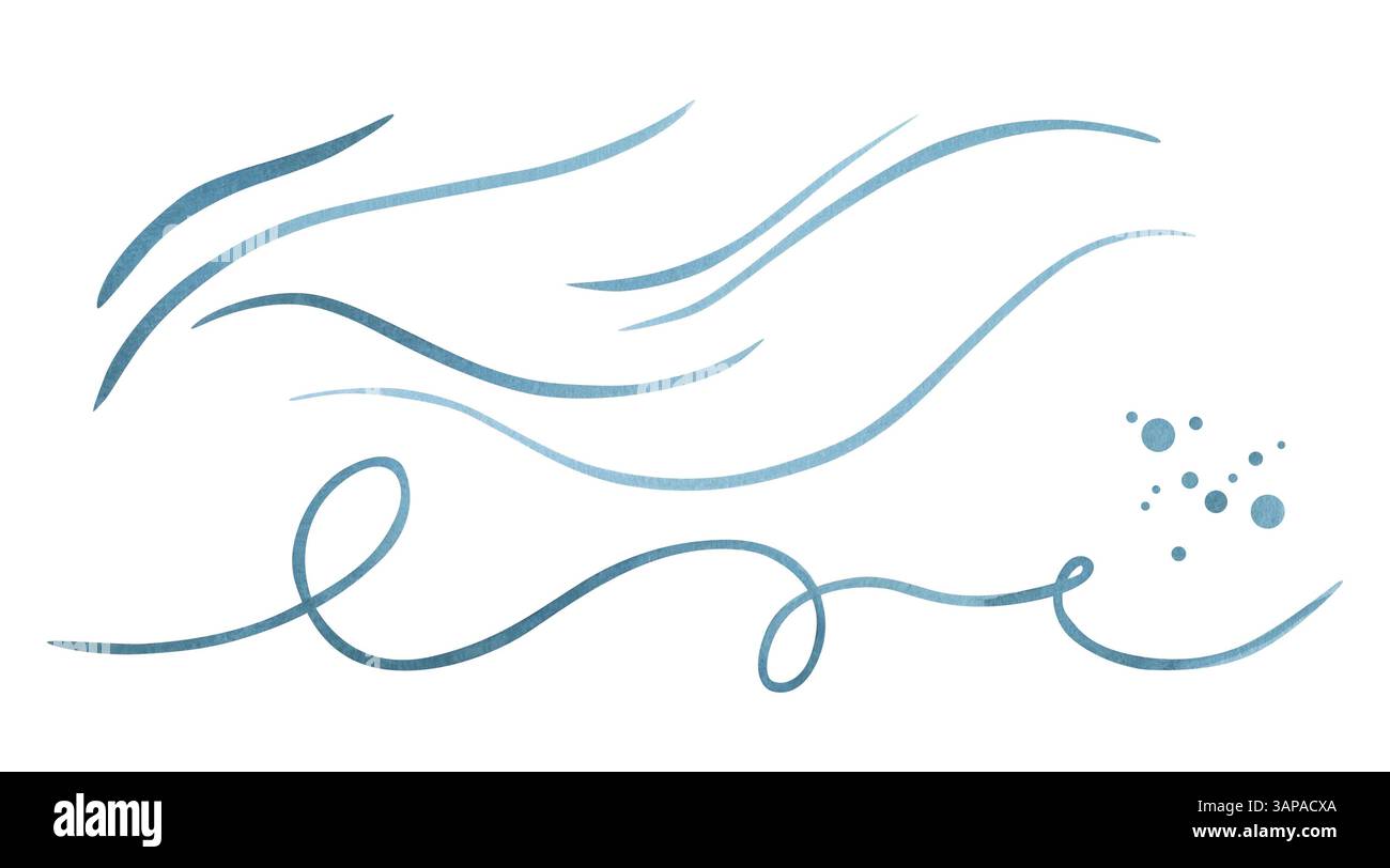 Wavy and swirling water lines with loops, bubbles drawn with a brush ...