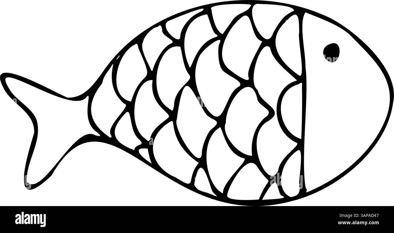Small round fishes of simple shape with rustic patterns. Graphic line ...