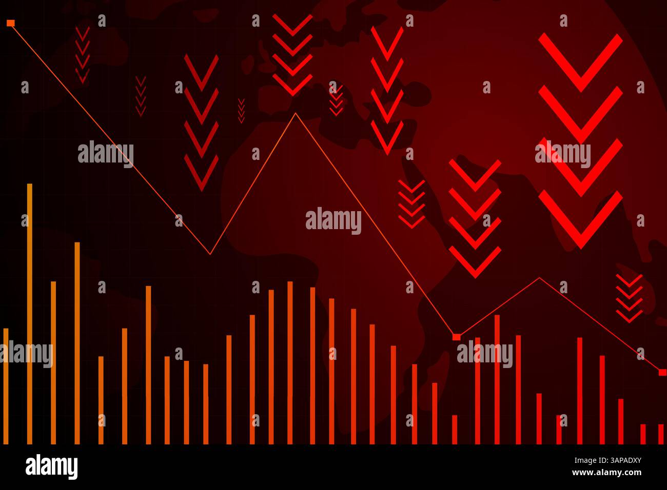 Global map with red bars and arrows pointing down shows synchronized ...