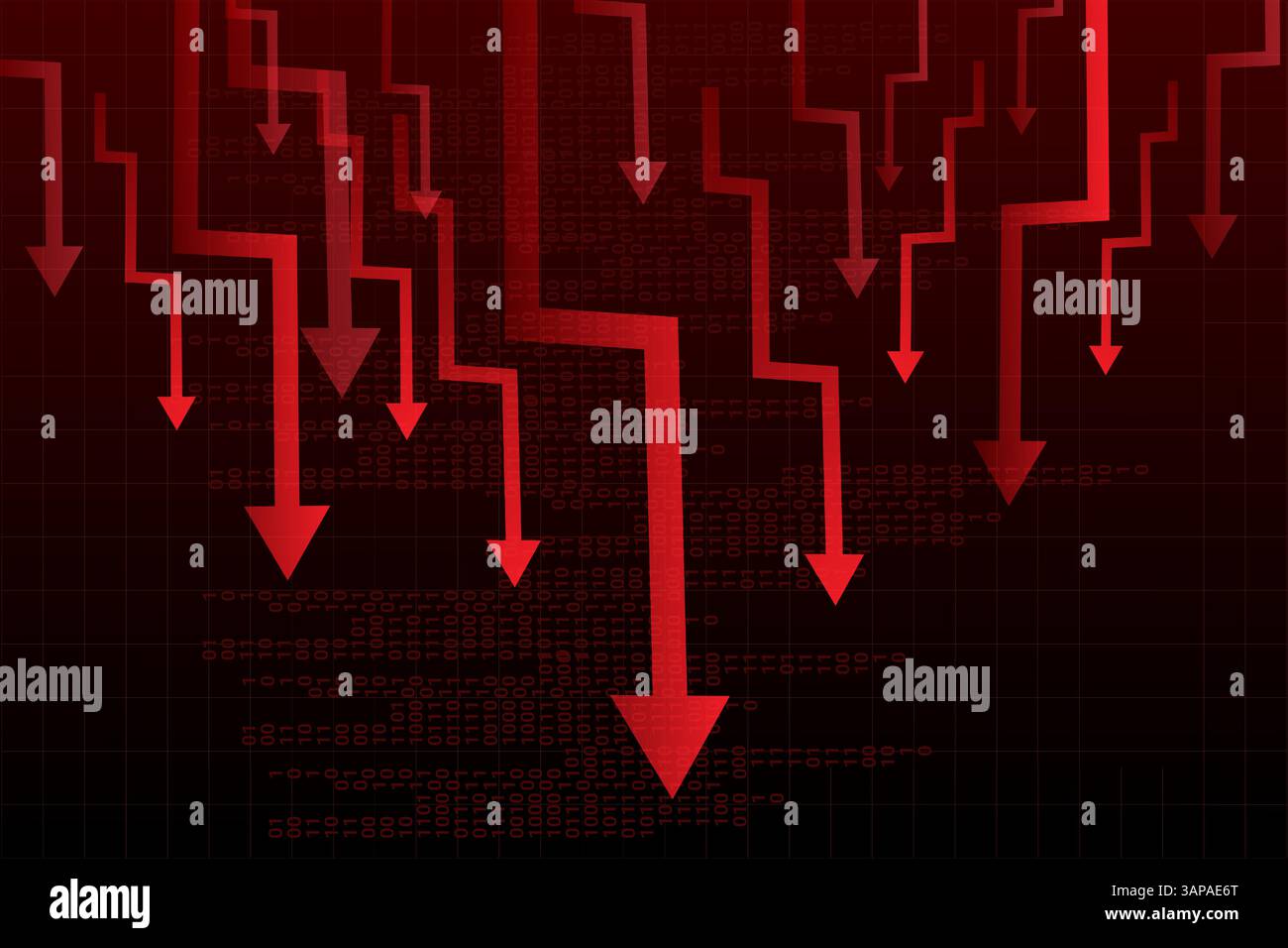 Multiple red arrows crashing vertically over digital grid, showing ...