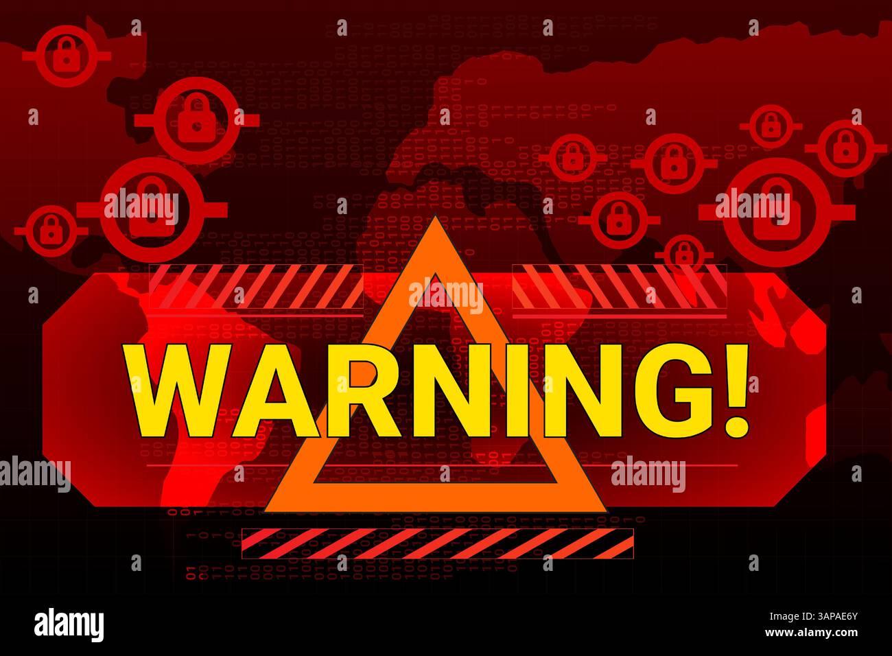 Warning triangle with locks over global map signals cyber attack ...