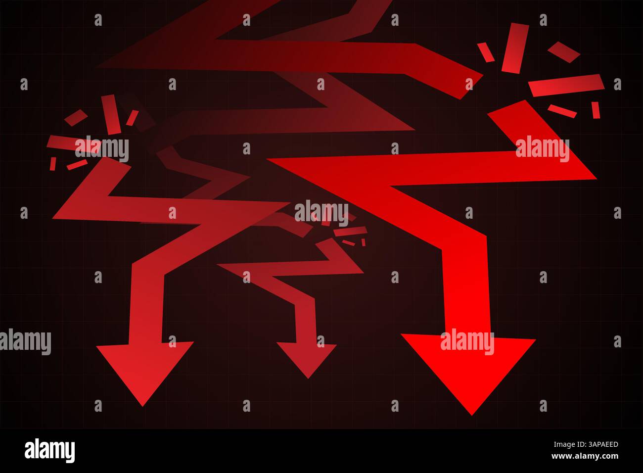 Jagged red arrows break mid-path and plunge, representing chain ...
