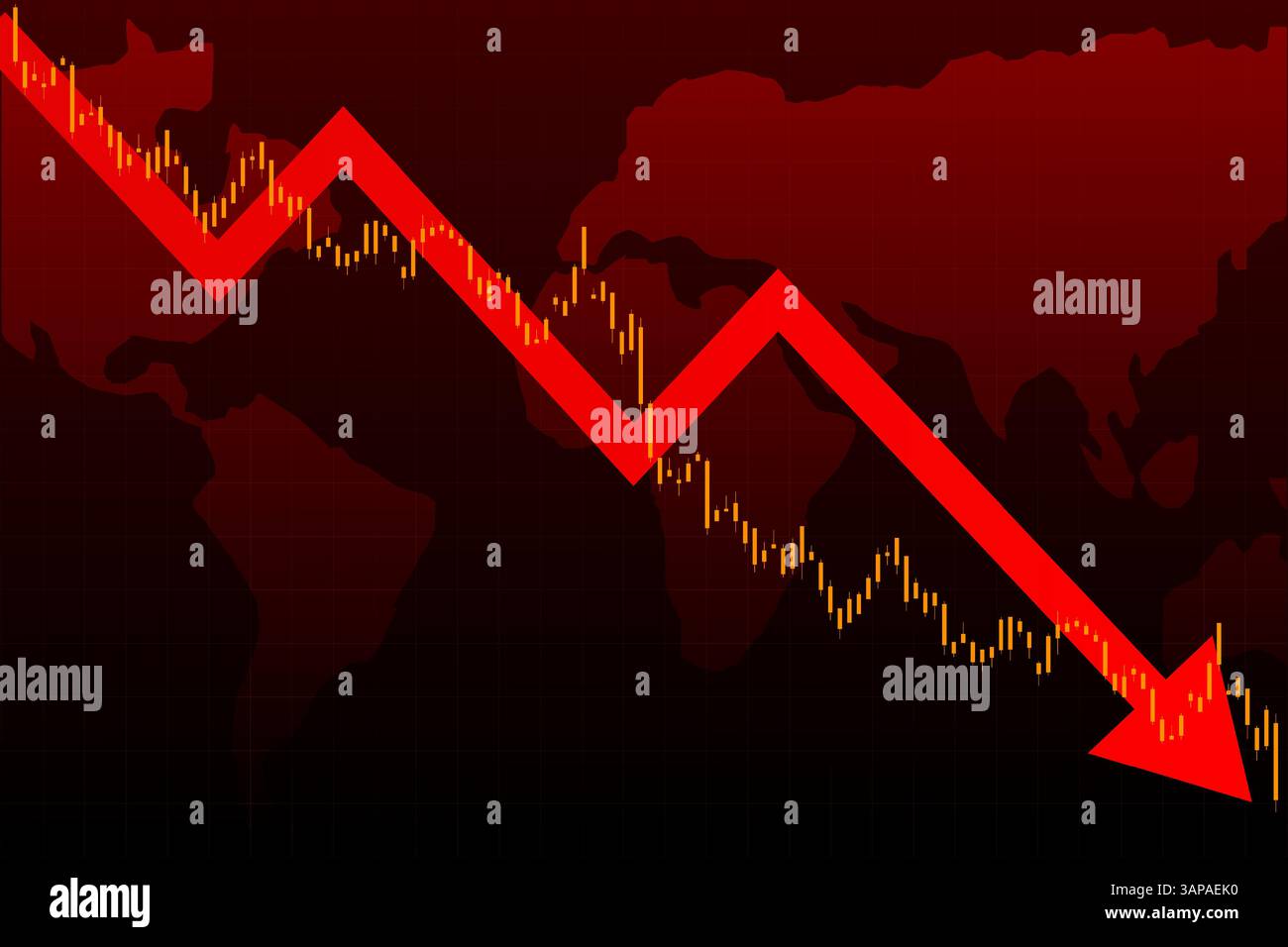 Sharp red trend with yellow candles over world map dramatically dives, reflecting broad ...