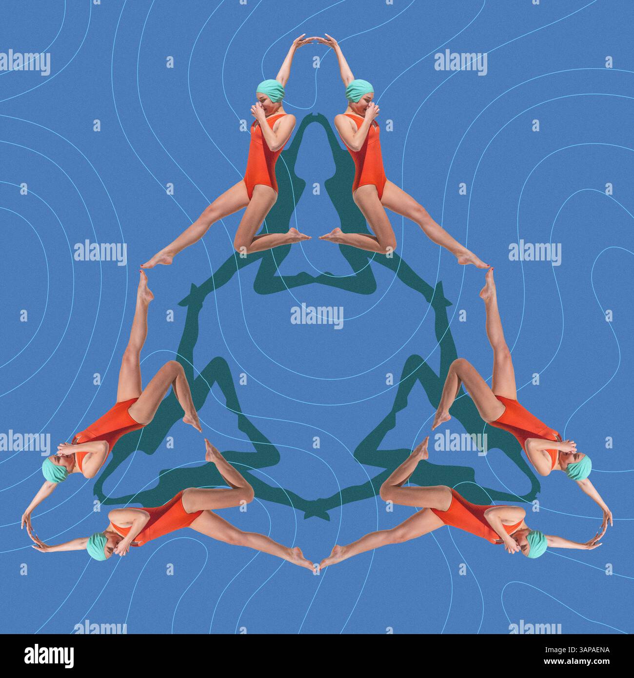 Conceptual design. Red swimsuit swimmers in triangle formation with ...