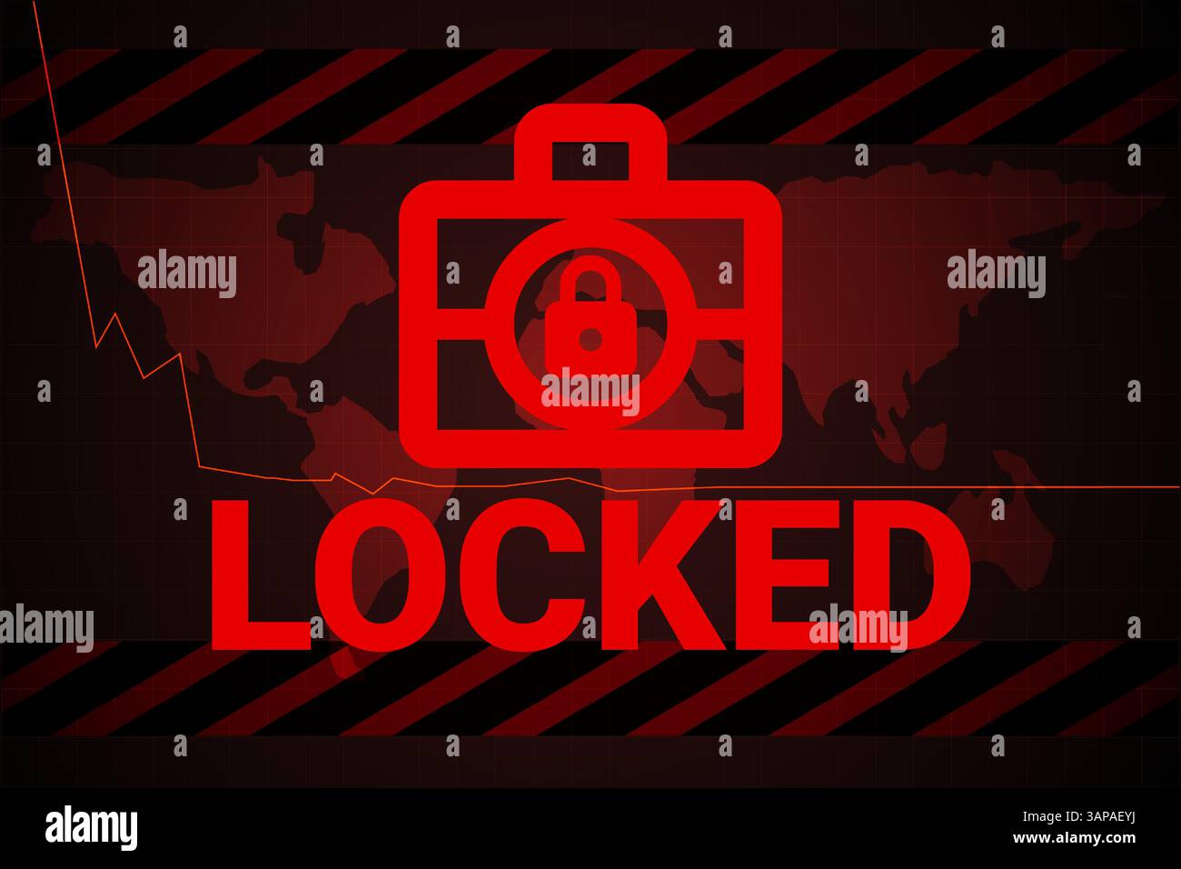 Red padlock briefcase with word LOCKED over falling line and global map ...