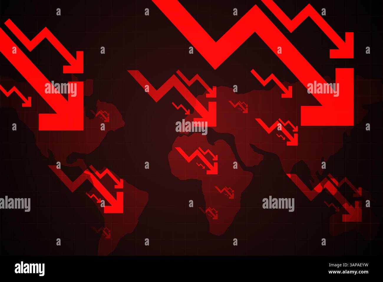Multiple red arrows falling across world map symbolize global synchronized economic decline ...