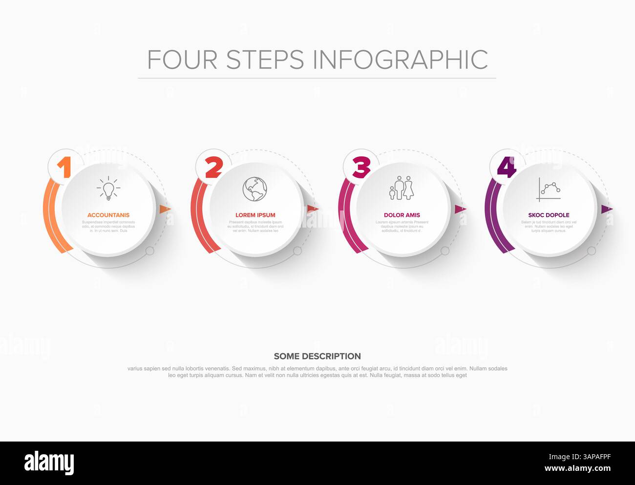 Minimal four-step infographic with rounded elements and icons on a ...