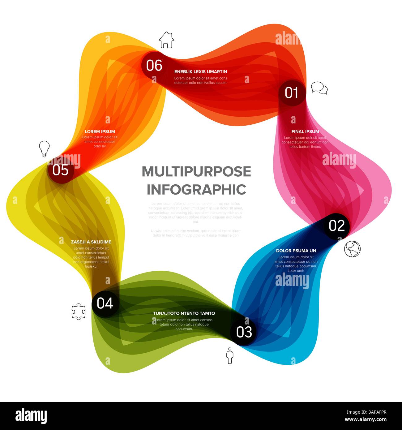 A vibrant multipurpose infographic with six segments in gradient colors ...