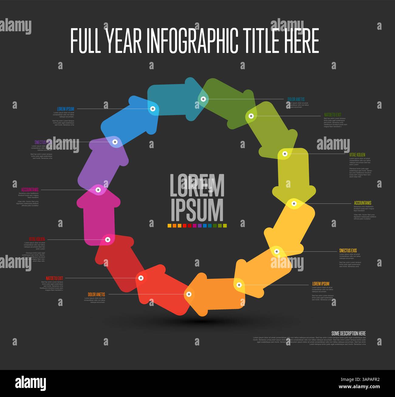A vibrant circular infographic featuring multi-colored twelve arrows ...