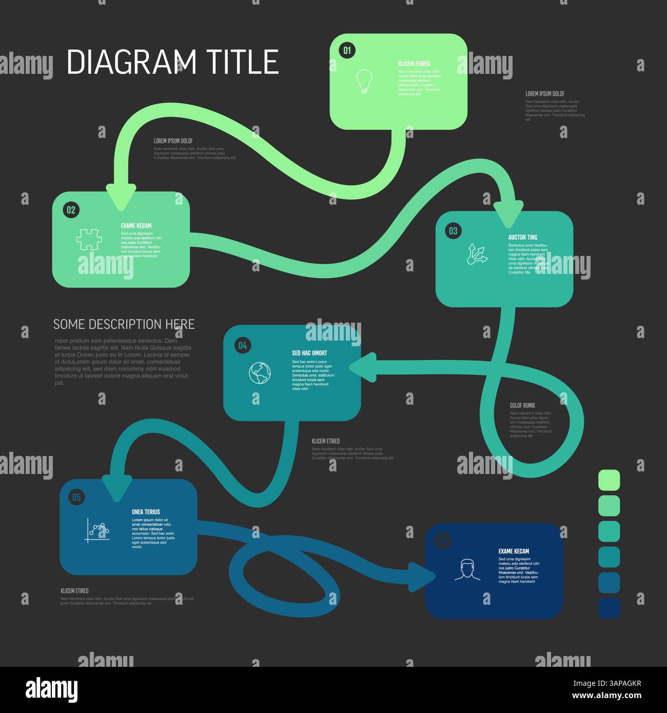Simple minimalistic green to blue Colorful Flowchart with Gradient Path and Sections on black ...